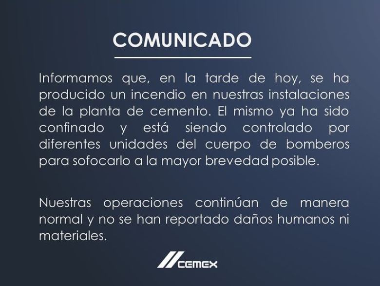 Cemex informa no hubo daños humanos ni materiales durante incendio