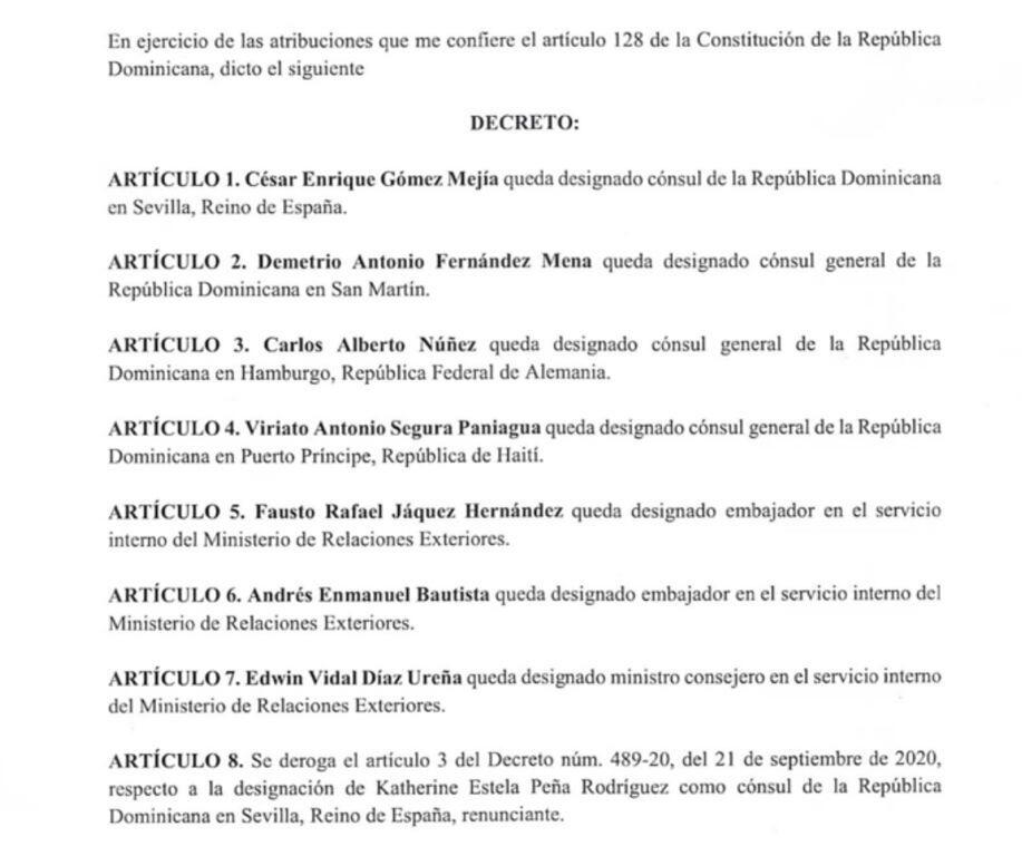 Decreto: Abinader designa nuevos funcionarios consulares