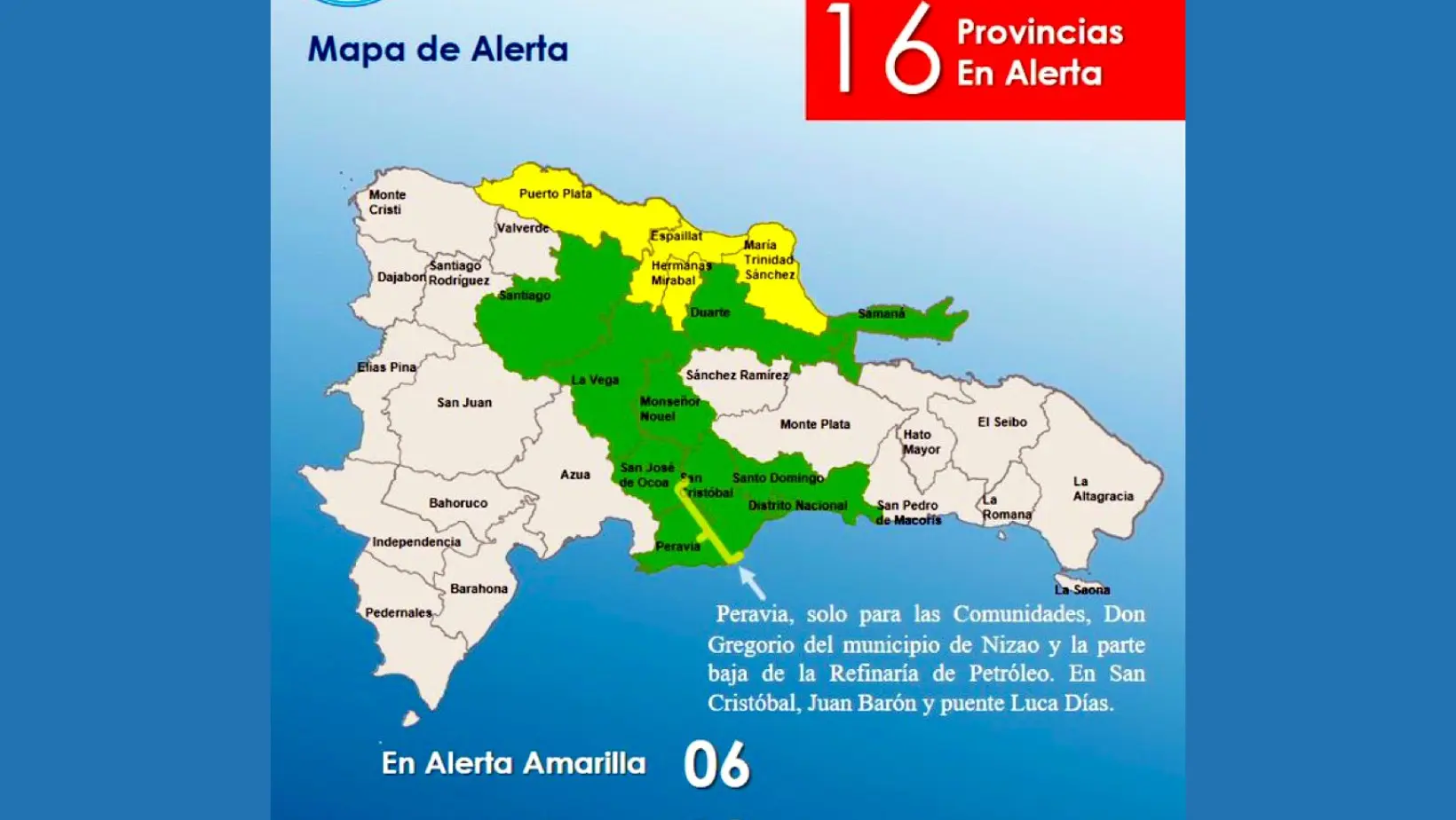 COE eleva a 16 las provincias en alerta por vaguada
