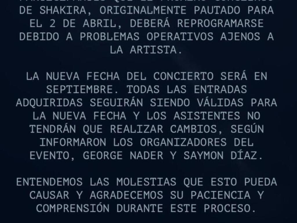 Reprograman concierto de Shakira en RD