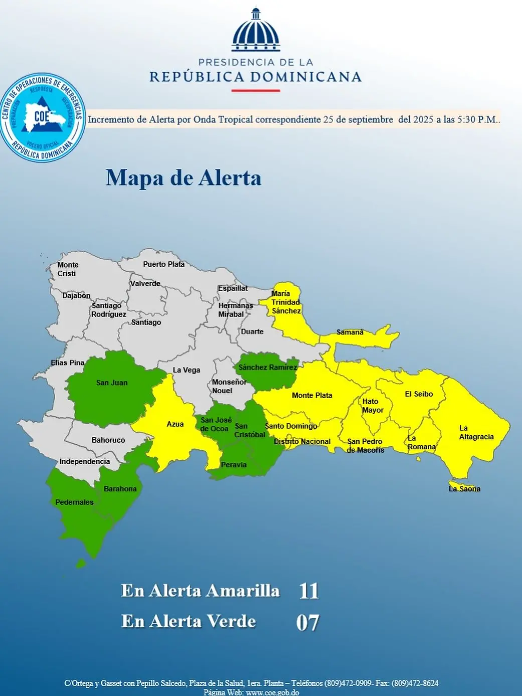 COE eleva alerta: 10 provincias en amarillo y 8 en verde