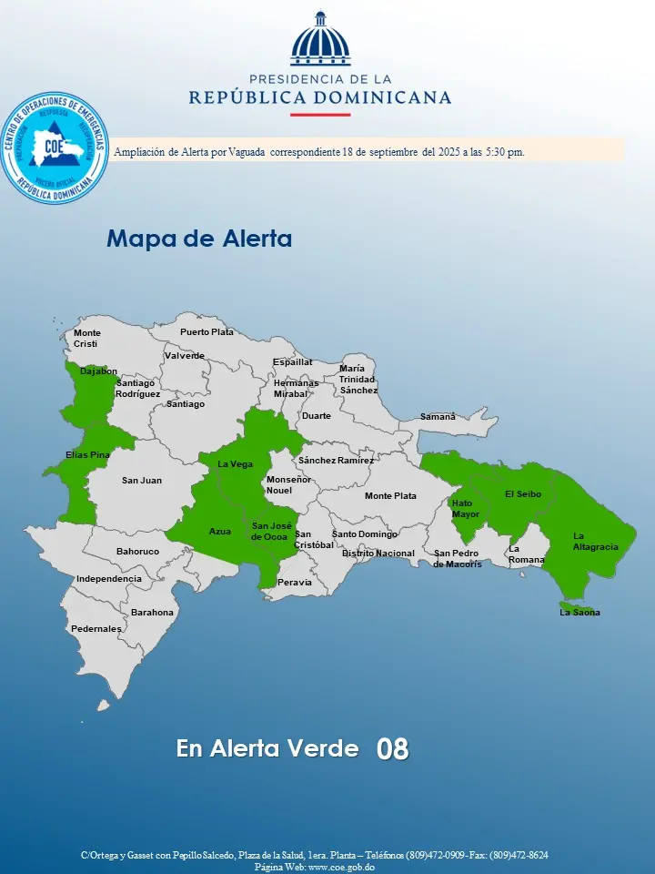 COE Amplía alerta verde en varias provincias por aguaceros